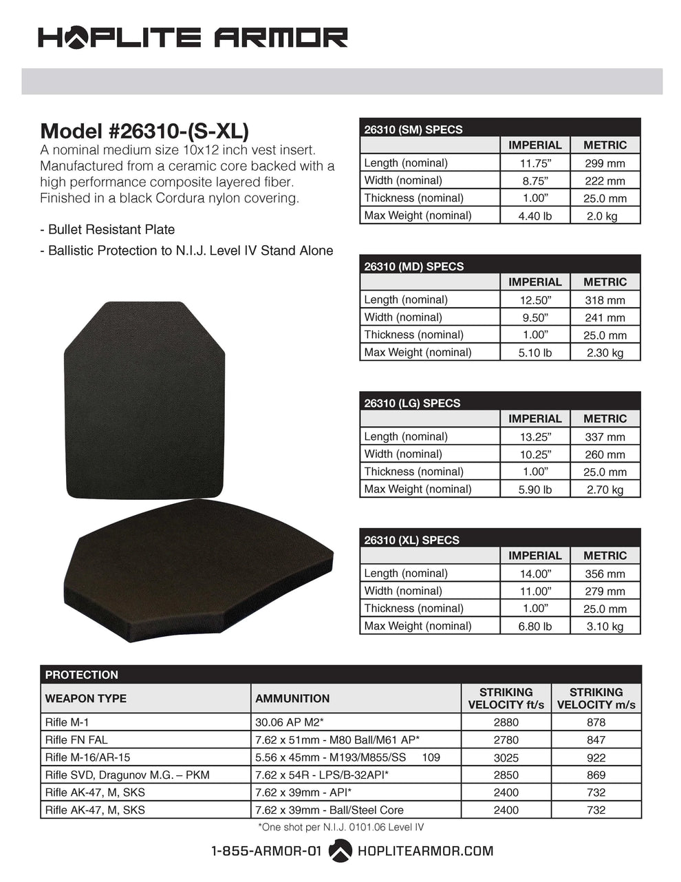Body Armor Lightweight SAPI Plates- Level IV (26310) – Hoplite Armor ...